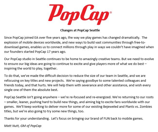 Popcap Seattle Despide A Parte De Su Plantilla Pero Sigue