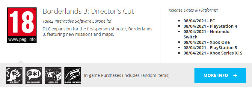 La Director's Cut de Borderlands 3, rumbo a Switch según PEGI