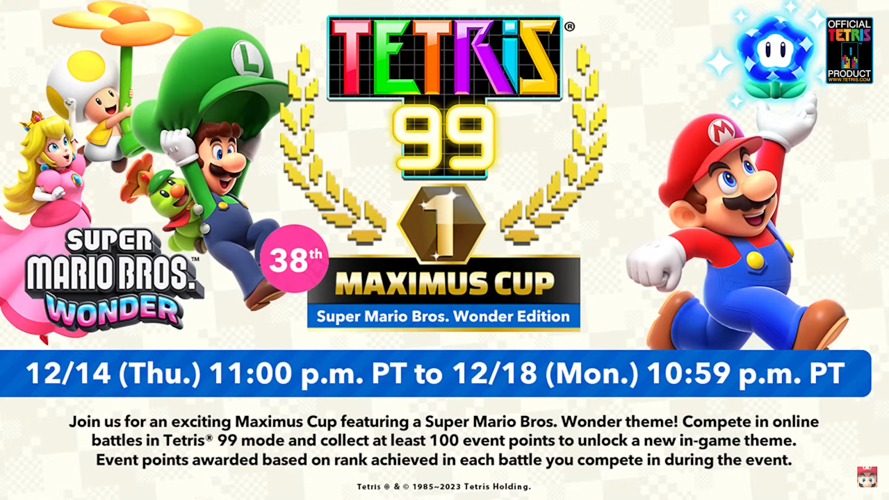 Tetris 99 tiene una copa de Super Mario Bros. Wonder a partir del jueves