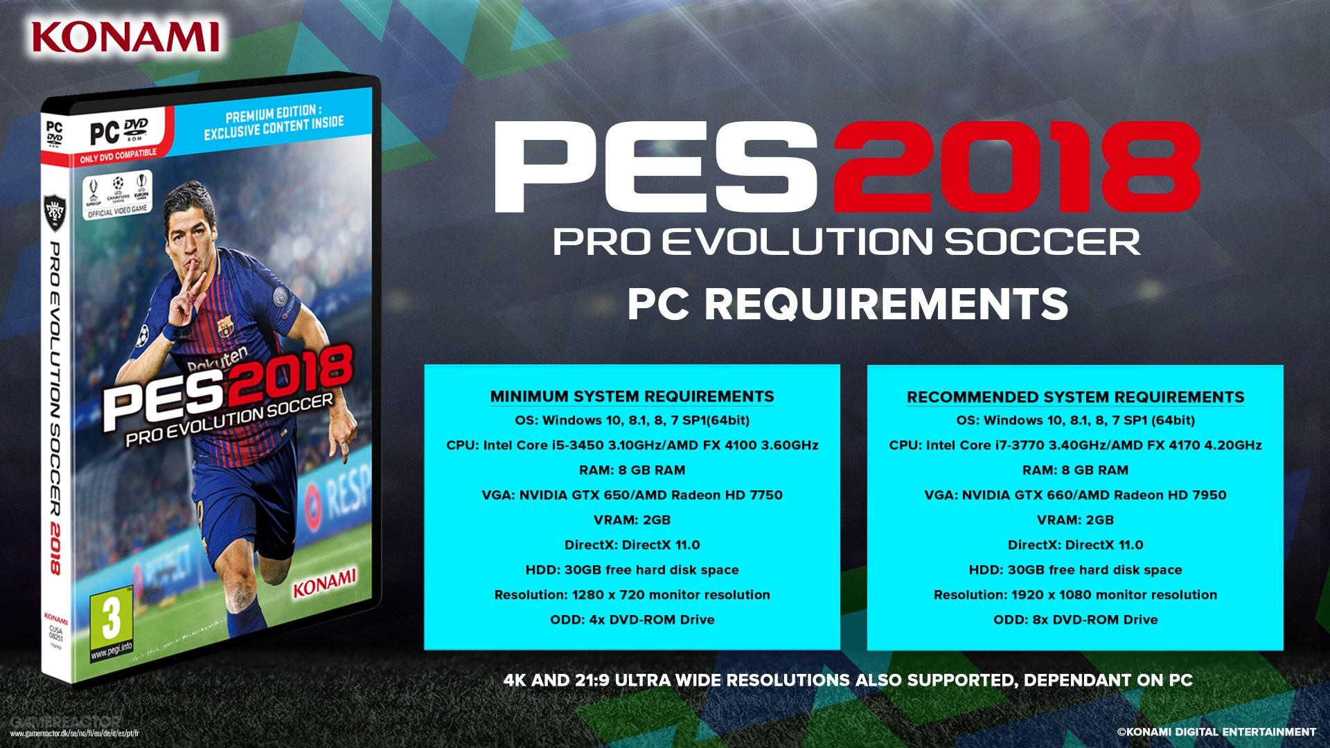 Specs oficiales: esto pide PES 2018 para PC, que permite 21:9