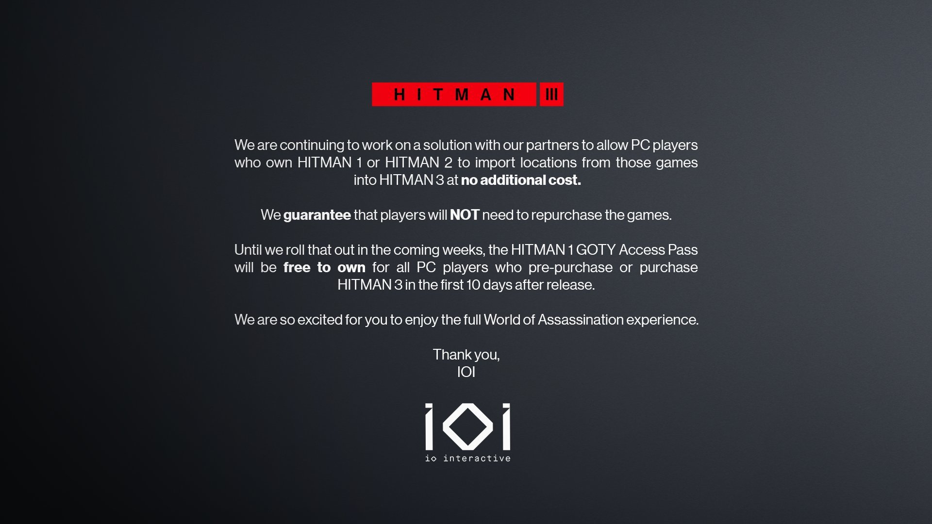 IO Interactive "garantiza" Hitman 1 y 2 en Hitman 3 PC, pero no sabe cómo